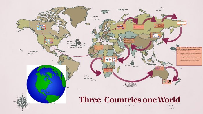 Map of the world with three countries marked by Aribah Huma Syeda on Prezi