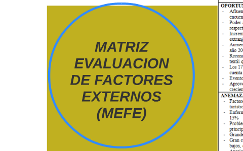 MATRIZ EVALUACION DE FACTORES EXTERNOS (MEFE) by Maira Chuquitapa Vega on Prezi